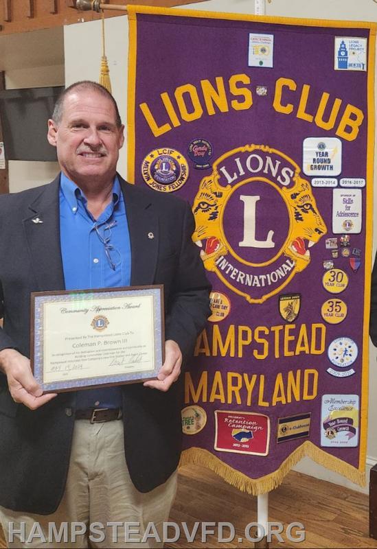 Cole Brown Receives Lions Club Award - Hampstead Volunteer Fire Company